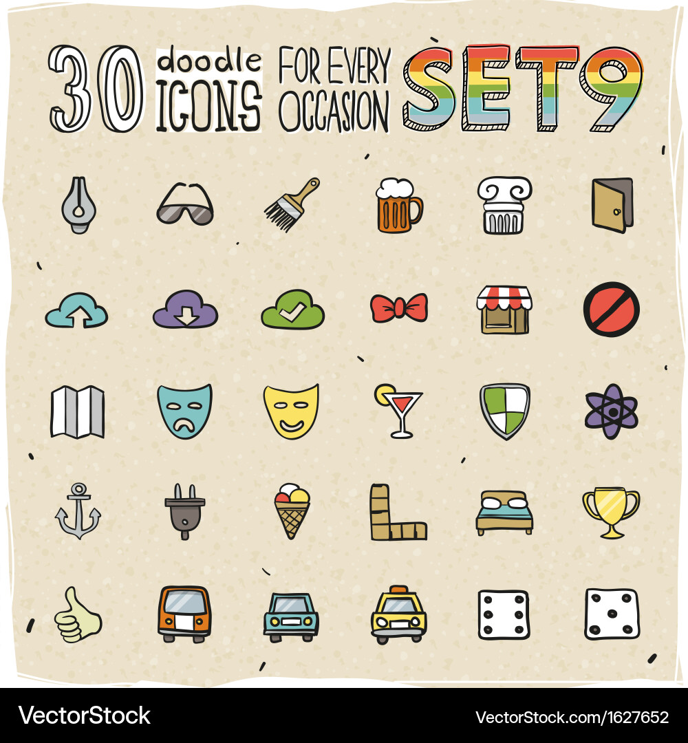 30 colorful doodle icons set 9 Royalty Free Vector Image