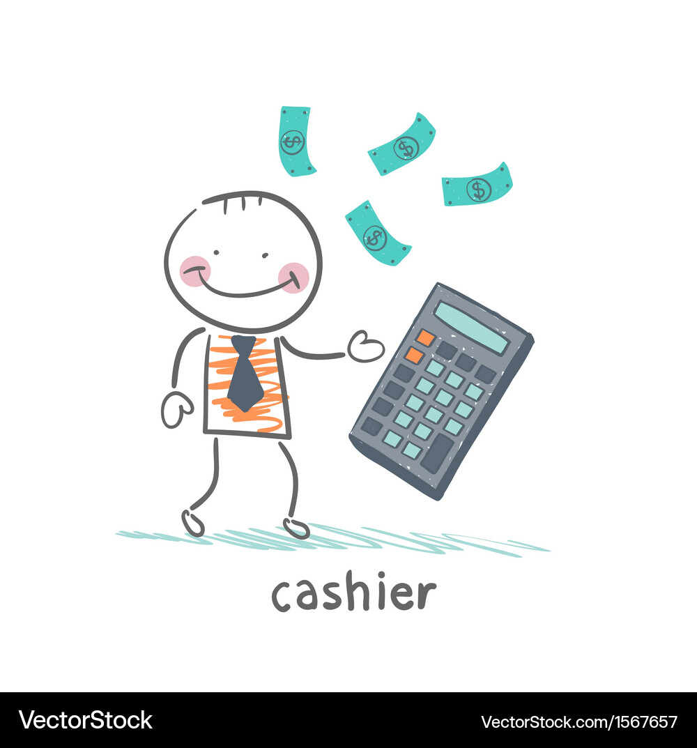 Cashier counts money on calculator Royalty Free Vector Image