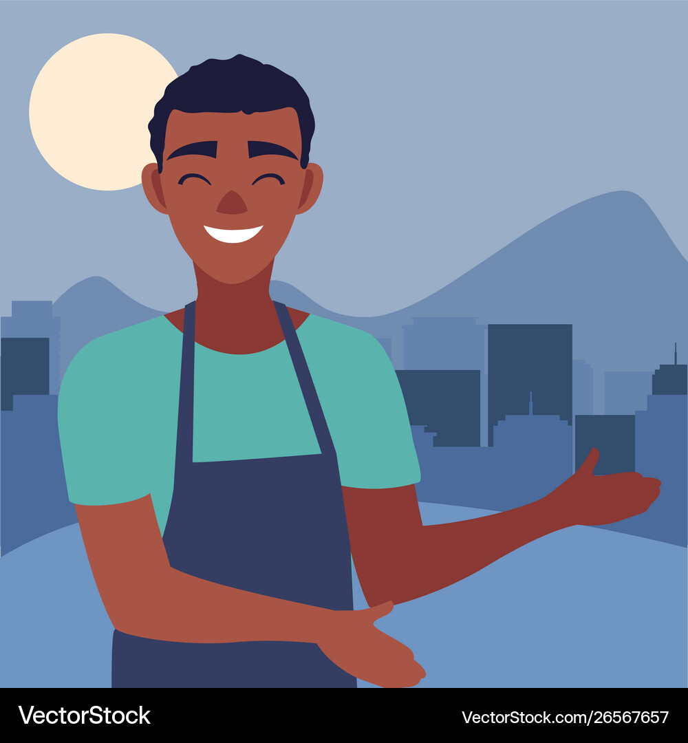 Young seller man character with apron Royalty Free Vector