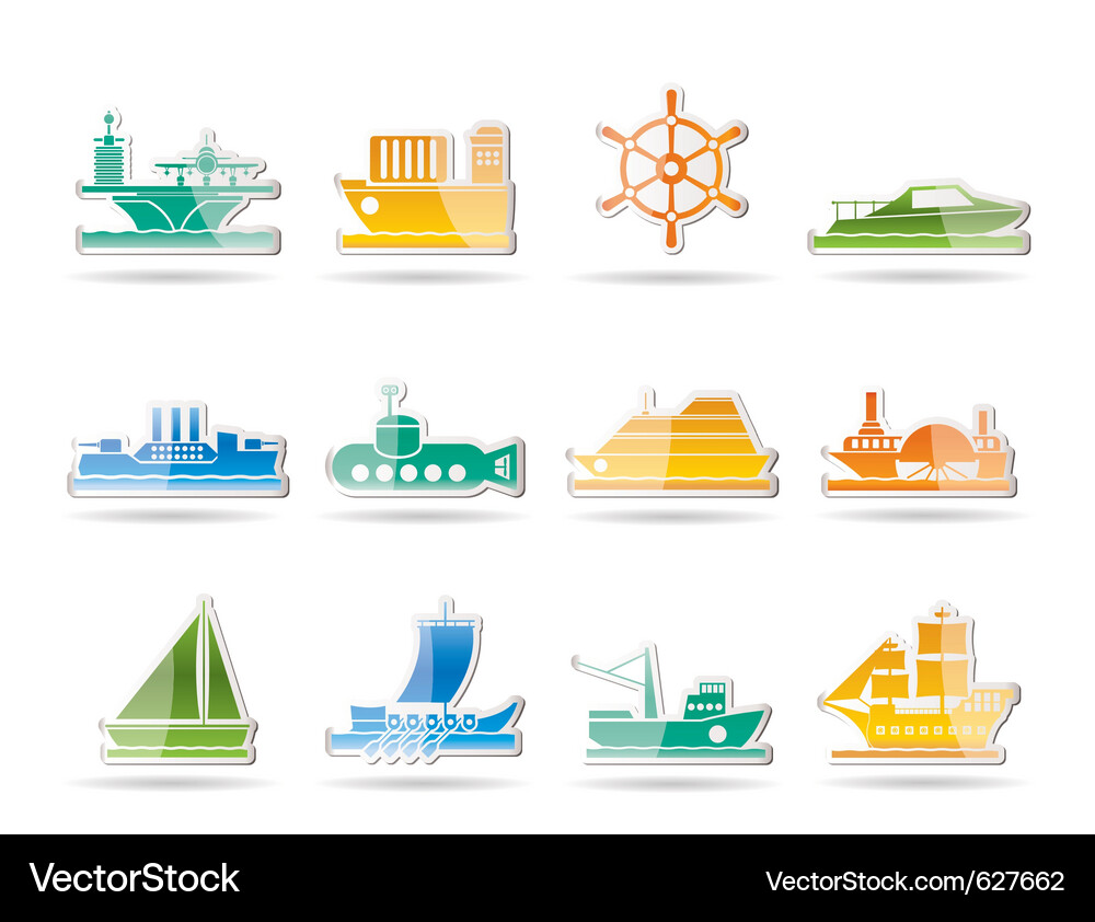 Different types of boat and ship icons Royalty Free Vector