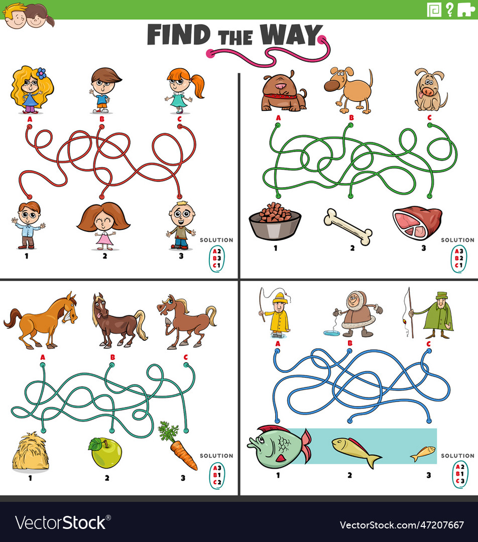 Find the way maze games set with cartoon Vector Image