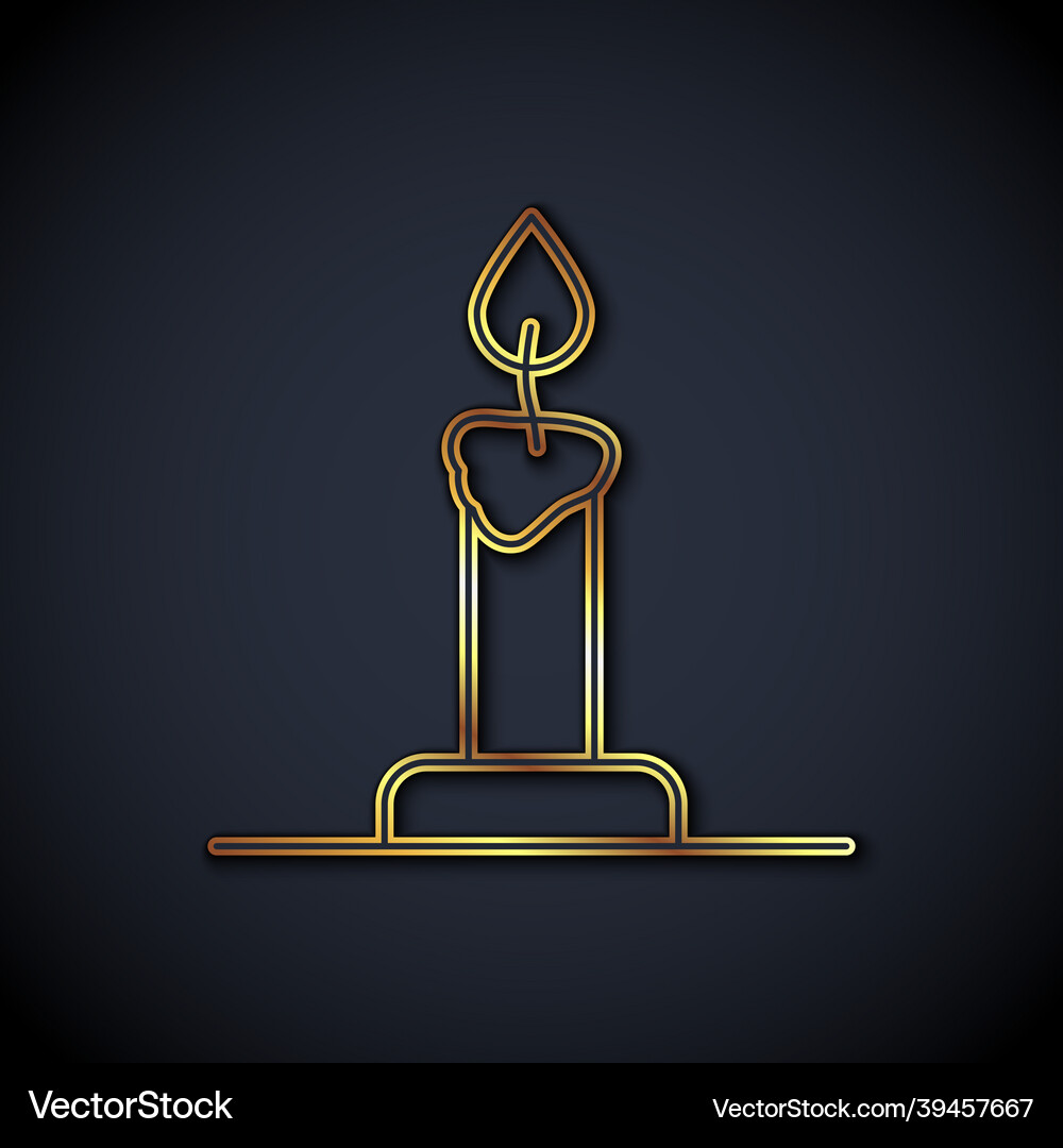 Gold line burning candle in candlestick icon Vector Image