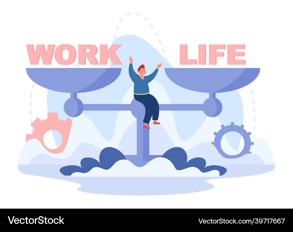 Happy man sitting on scales with words work Vector Image