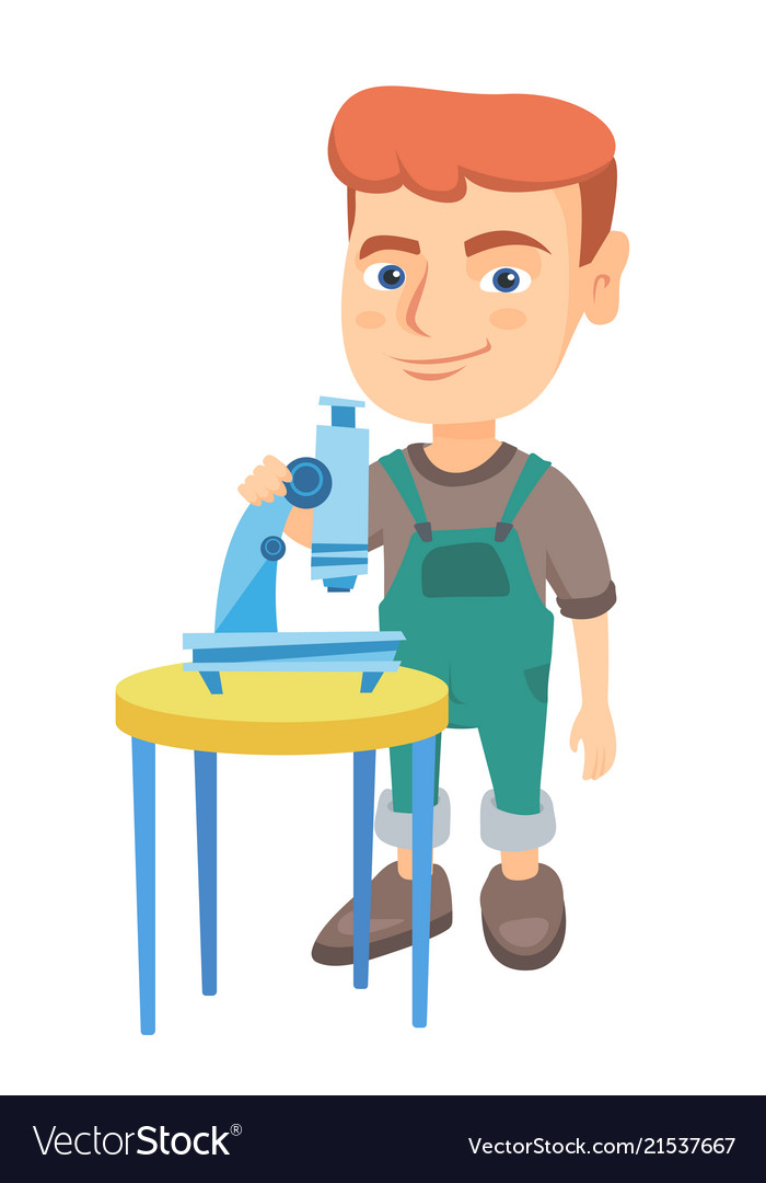 Little caucasian schoolboy using a microscope Vector Image