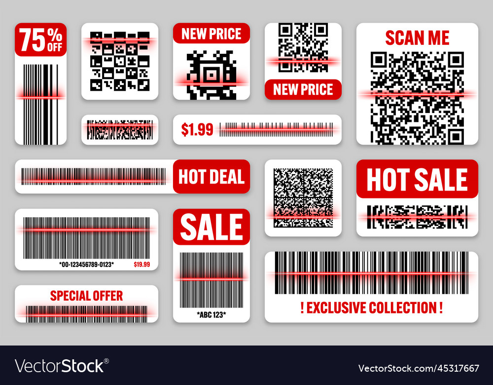 Product barcodes and qr codes with red scanning Vector Image