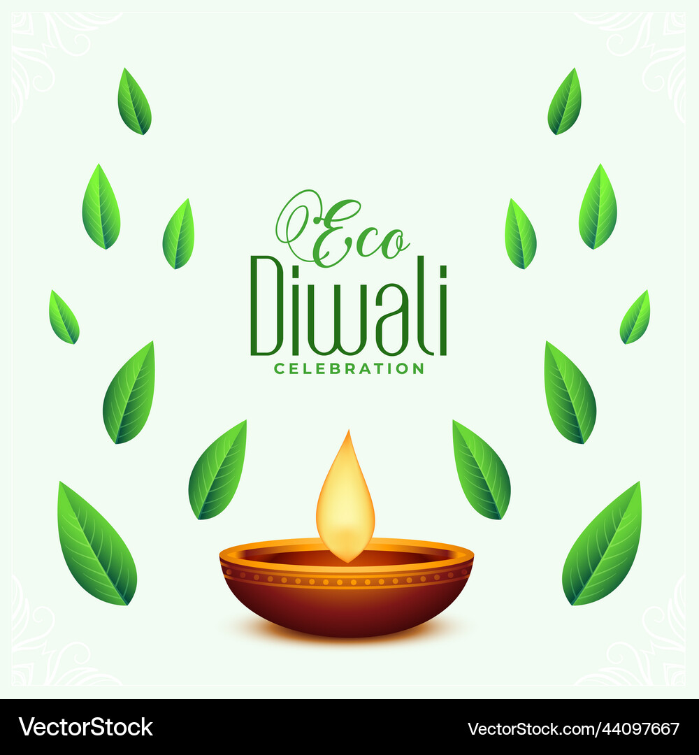 Realistic diya and leaf design for green diwali Vector Image