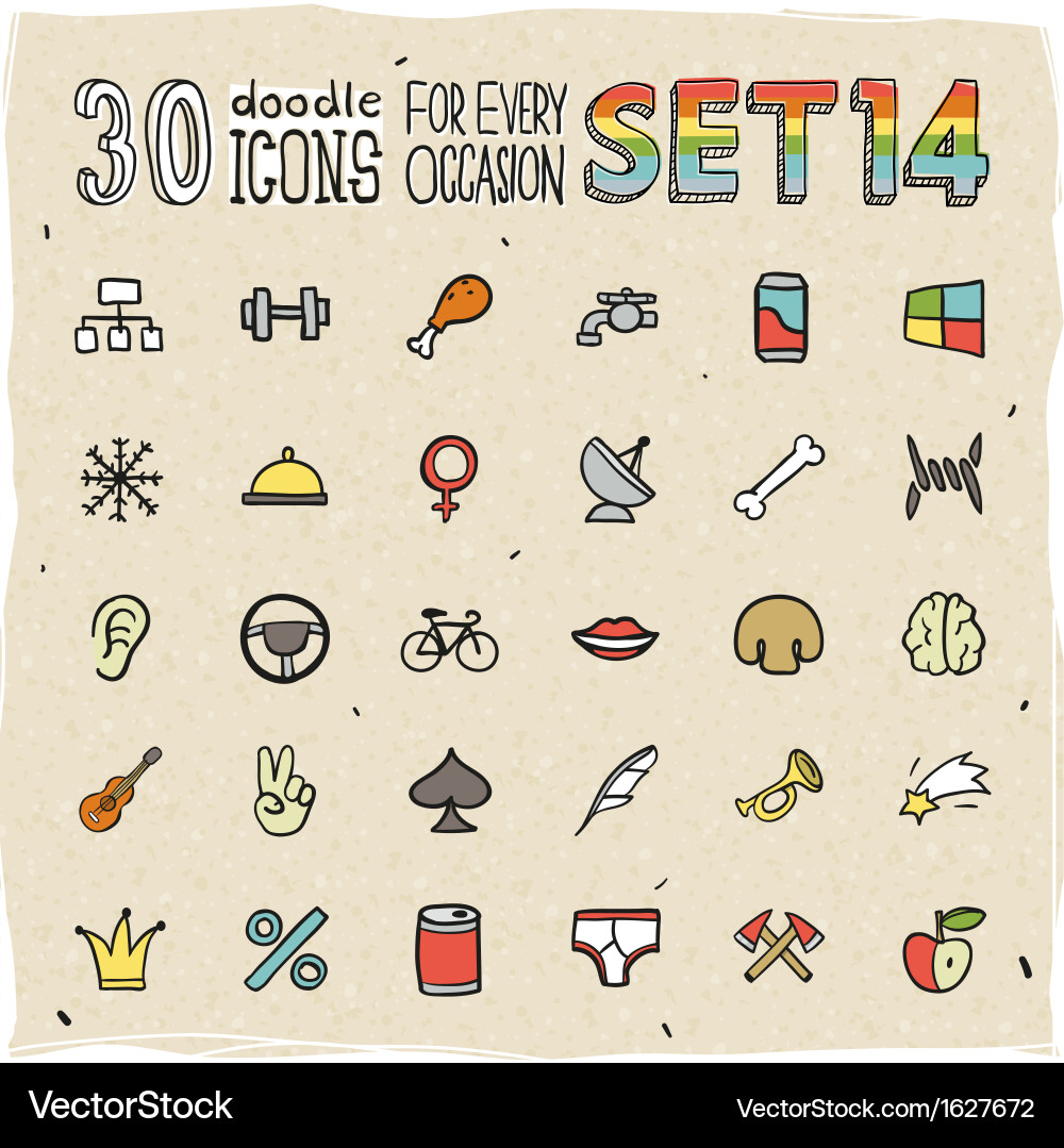 30 colorful doodle icons set 14 Royalty Free Vector Image