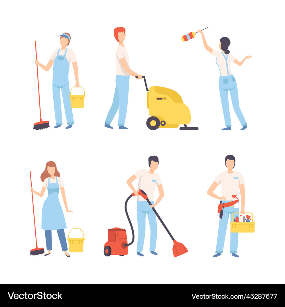 Cleaning Staff Cartoon Set Royalty Free Vector Image