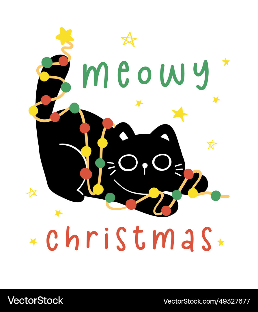 Cute christmas black cat adorned with lights Vector Image
