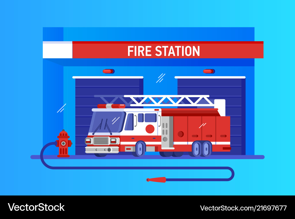 Fire station with truck rapid response service Vector Image