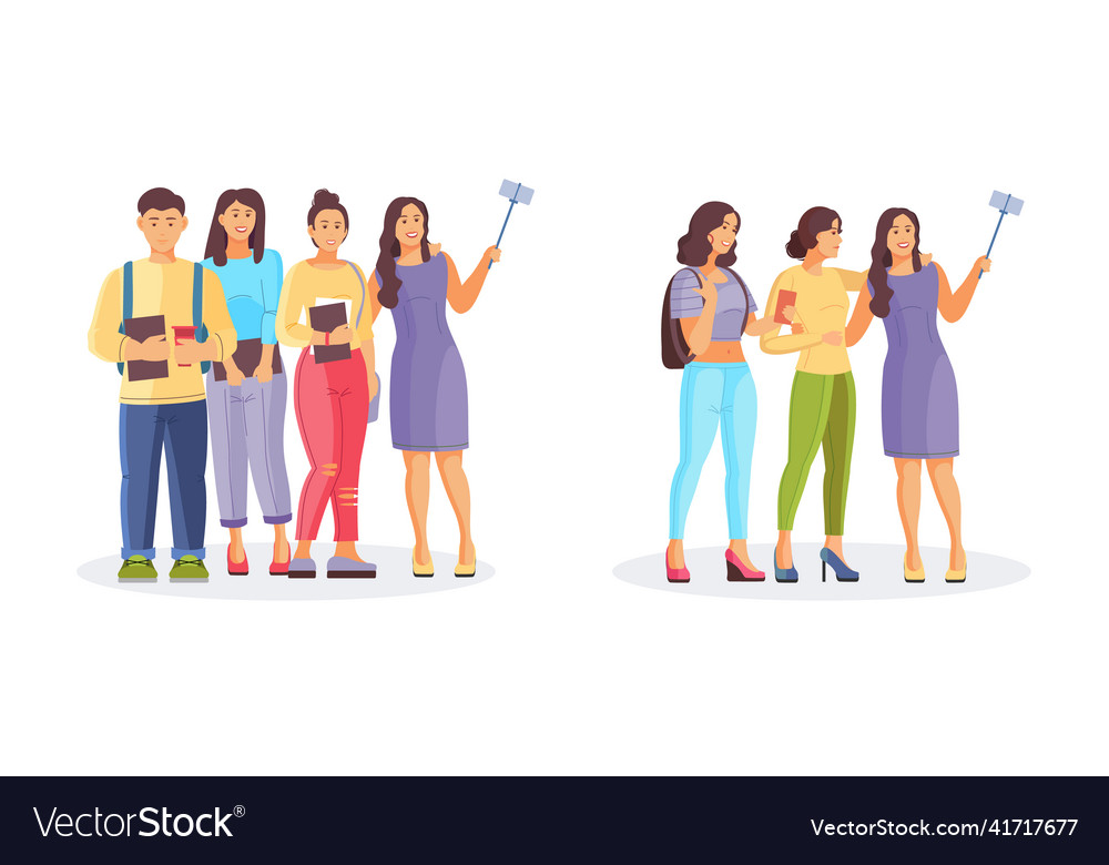 Smiling man woman students taking selfie use Vector Image