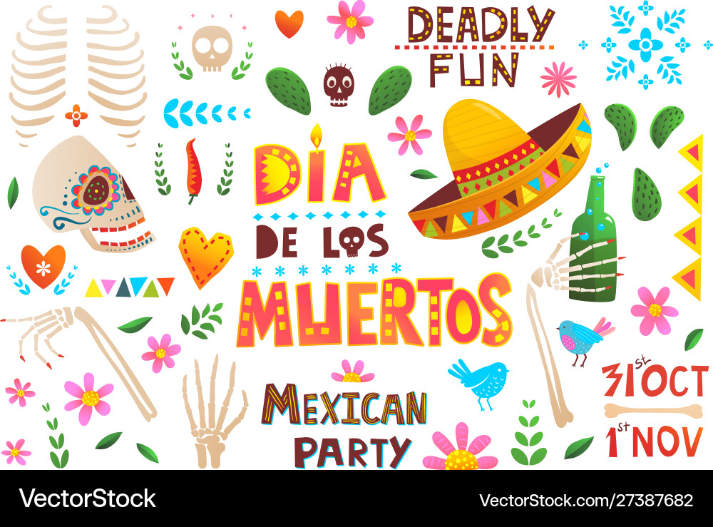 Mexican day dead symbols big collection Royalty Free Vector