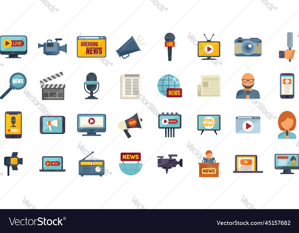 Reportage icons set flat interview news Royalty Free Vector Reportage icons set flat interview news Royalty Free Vector