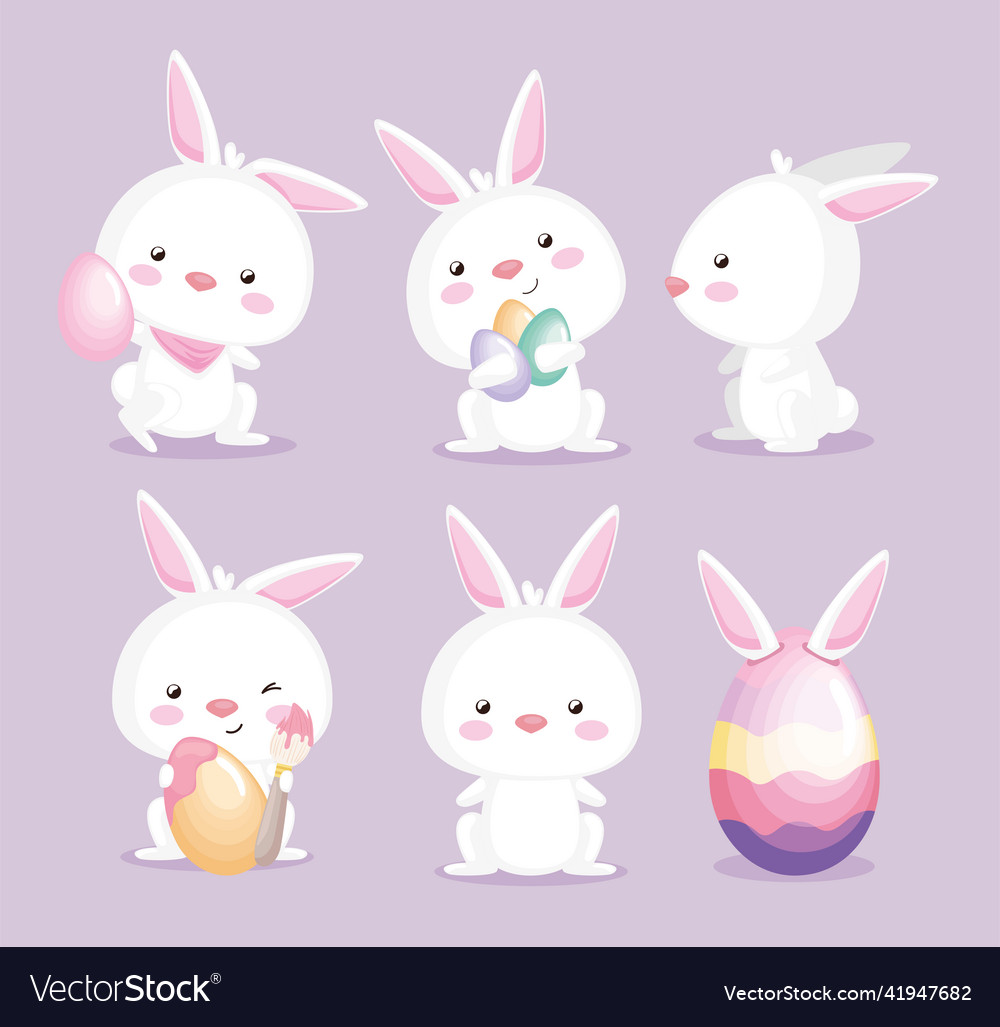 Six happy easter rabbits Royalty Free Vector Image