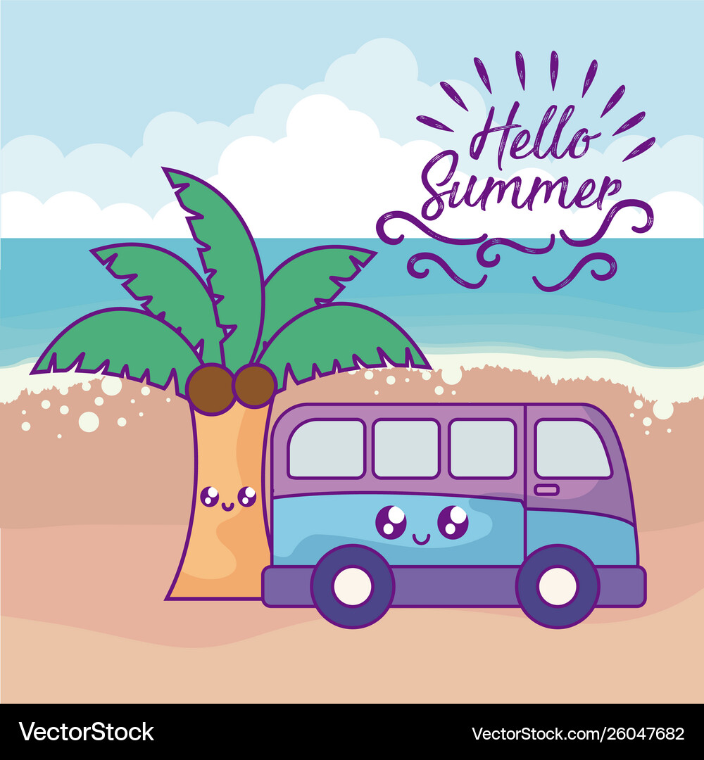 Summer label with van car in beach and tree palm Vector Image