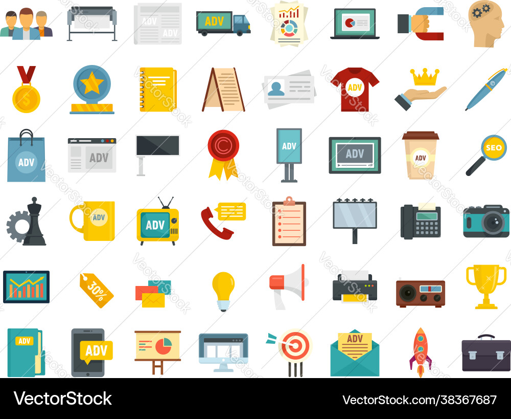 Advertising agency icons set flat isolated Vector Image