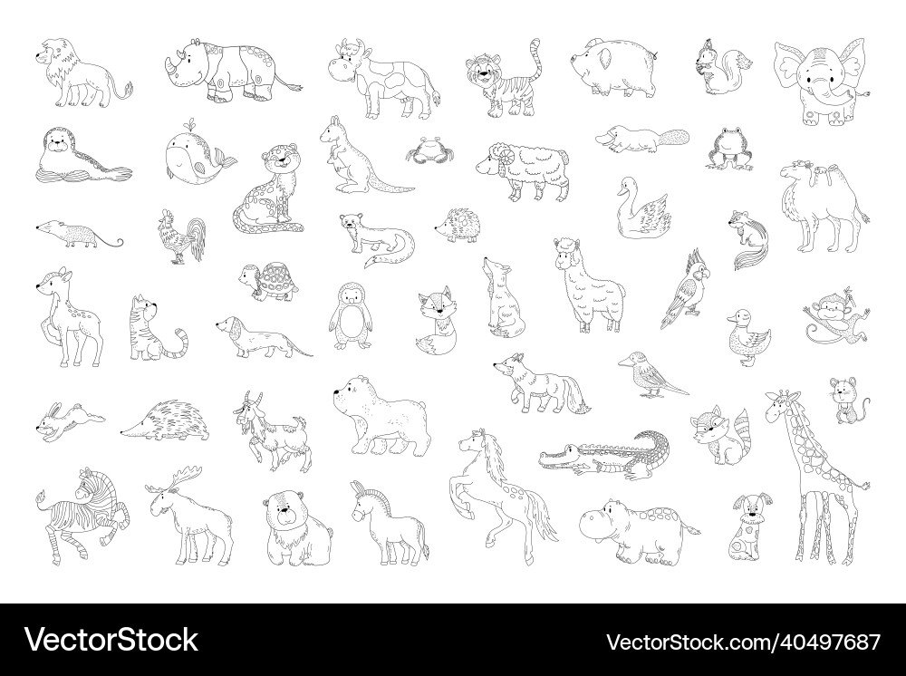 Collection of animals in a linear style Royalty Free Vector