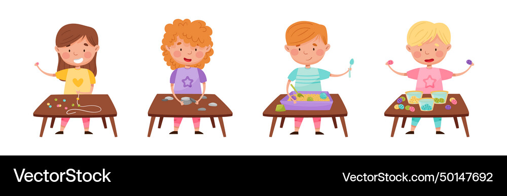 Creative kid at table engaged in handcraft Vector Image