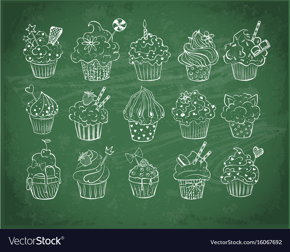 Set of doodle sketch cupcakes with decorations Vector Image