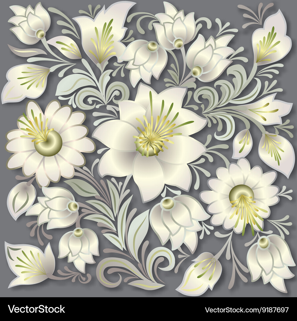 Abstract silver floral ornament on gray background