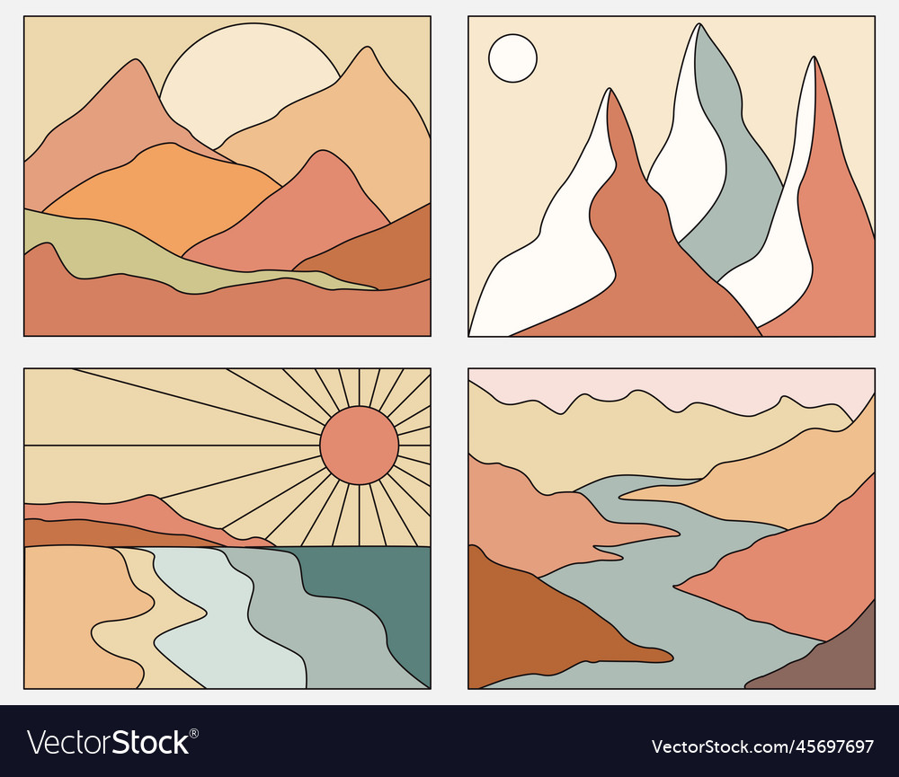 Linear boho landscape groovy poster modern art Vector Image
