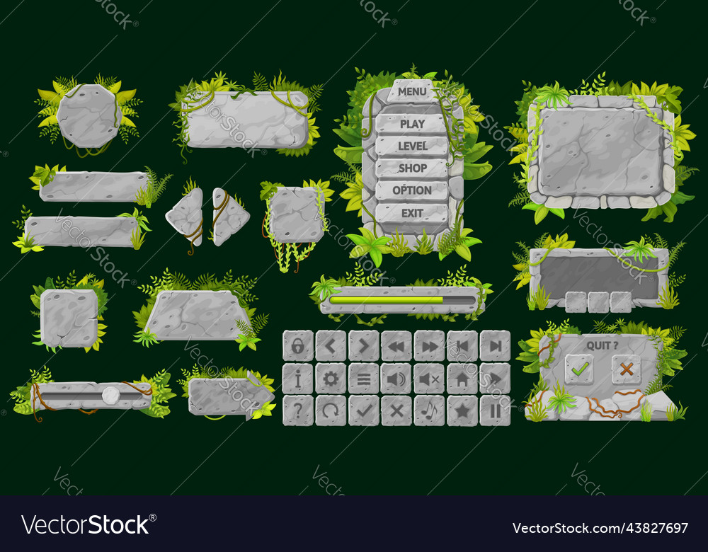 Stone game interface buttons and ui elements Vector Image