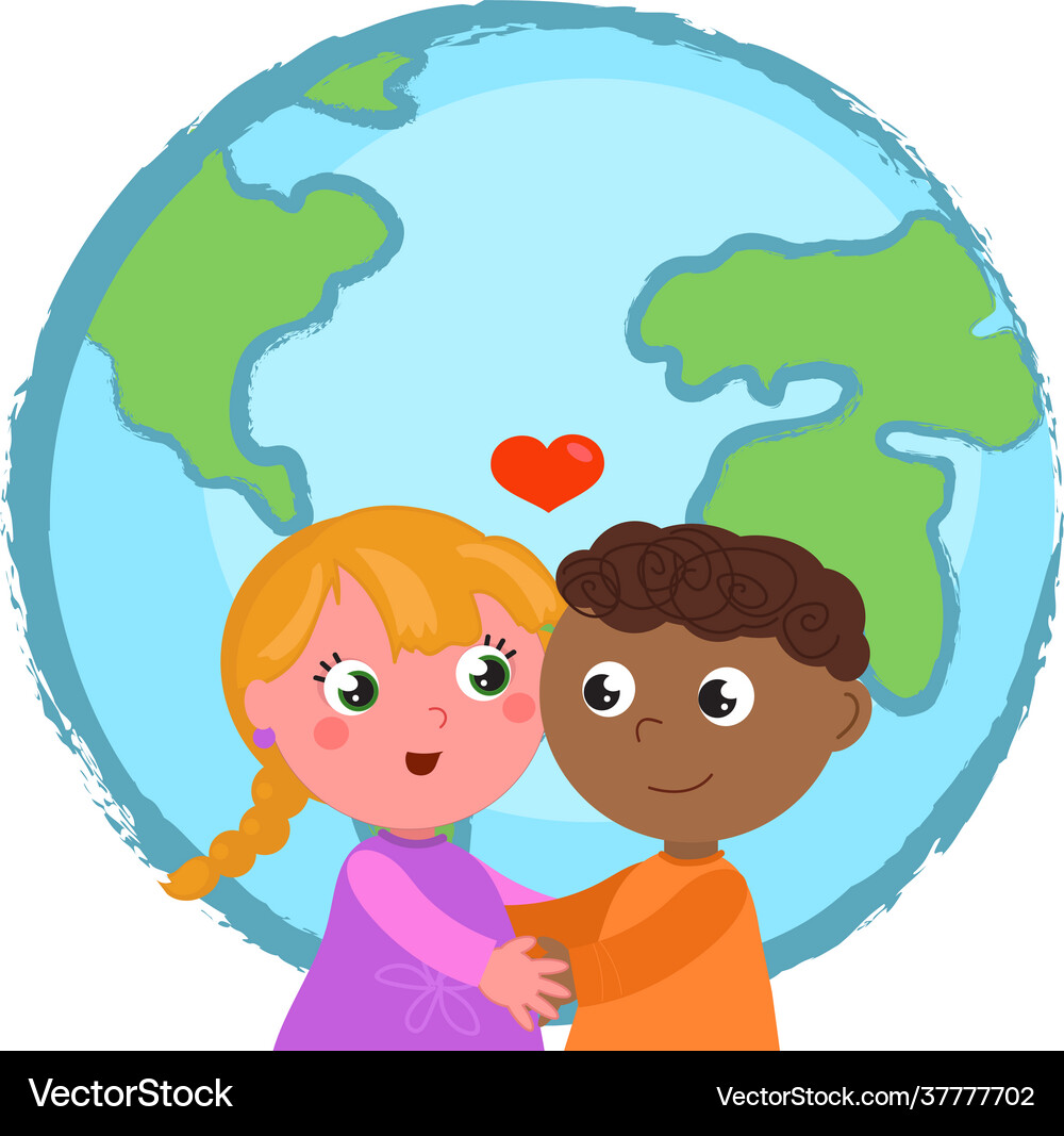 Kids hugging each other and planet earth Vector Image