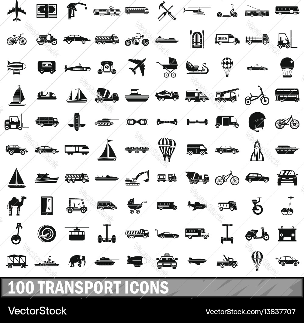 100 transport icons set simple style Royalty Free Vector