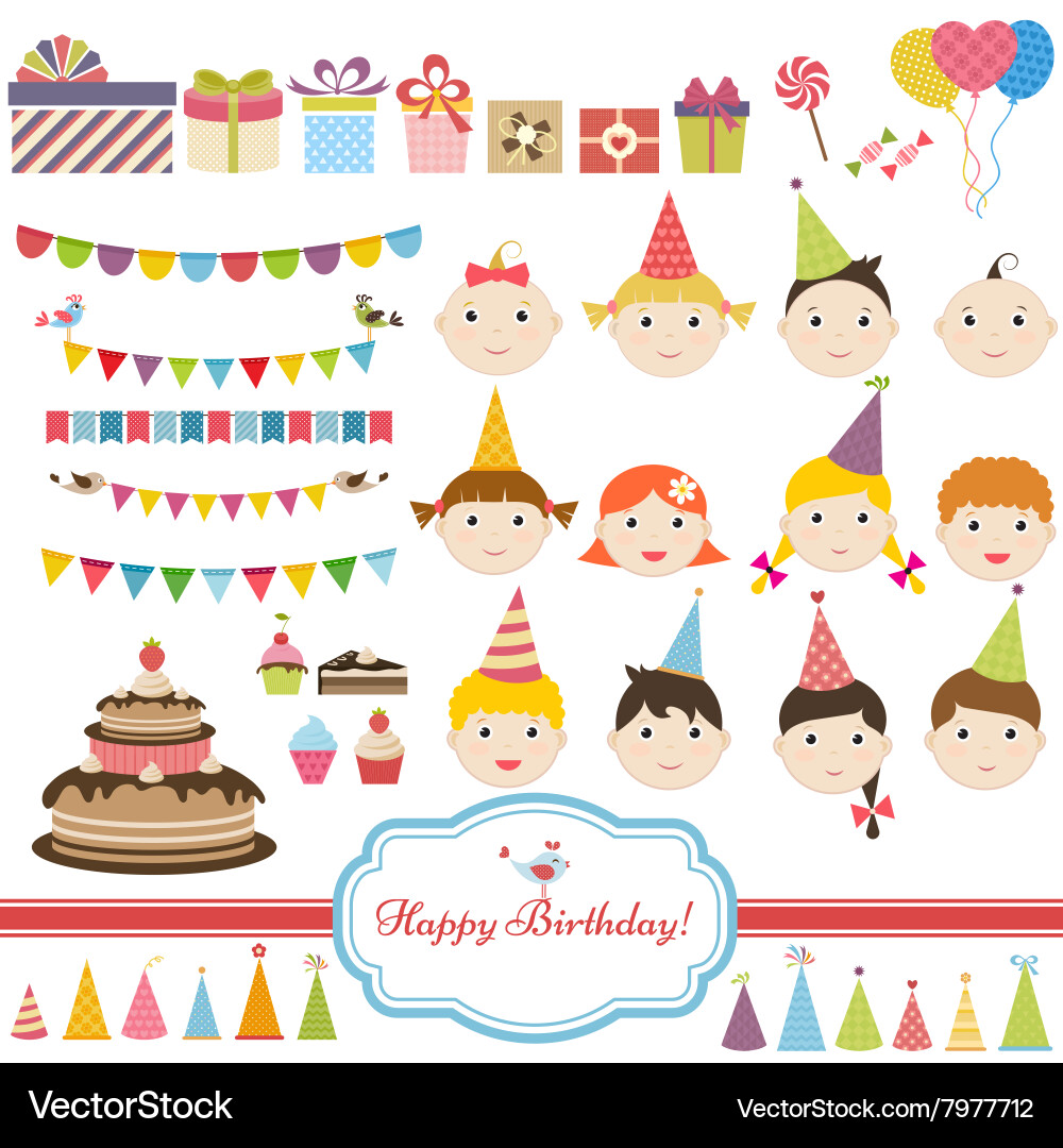 Birthday party set with children Royalty Free Vector Image