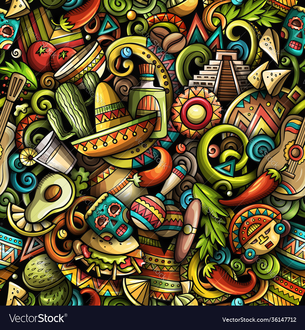 Cartoon doodles mexico seamless pattern Royalty Free Vector