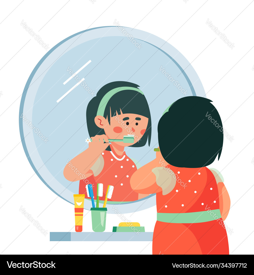 Girl brushing her teeth - colorful flat design Vector Image