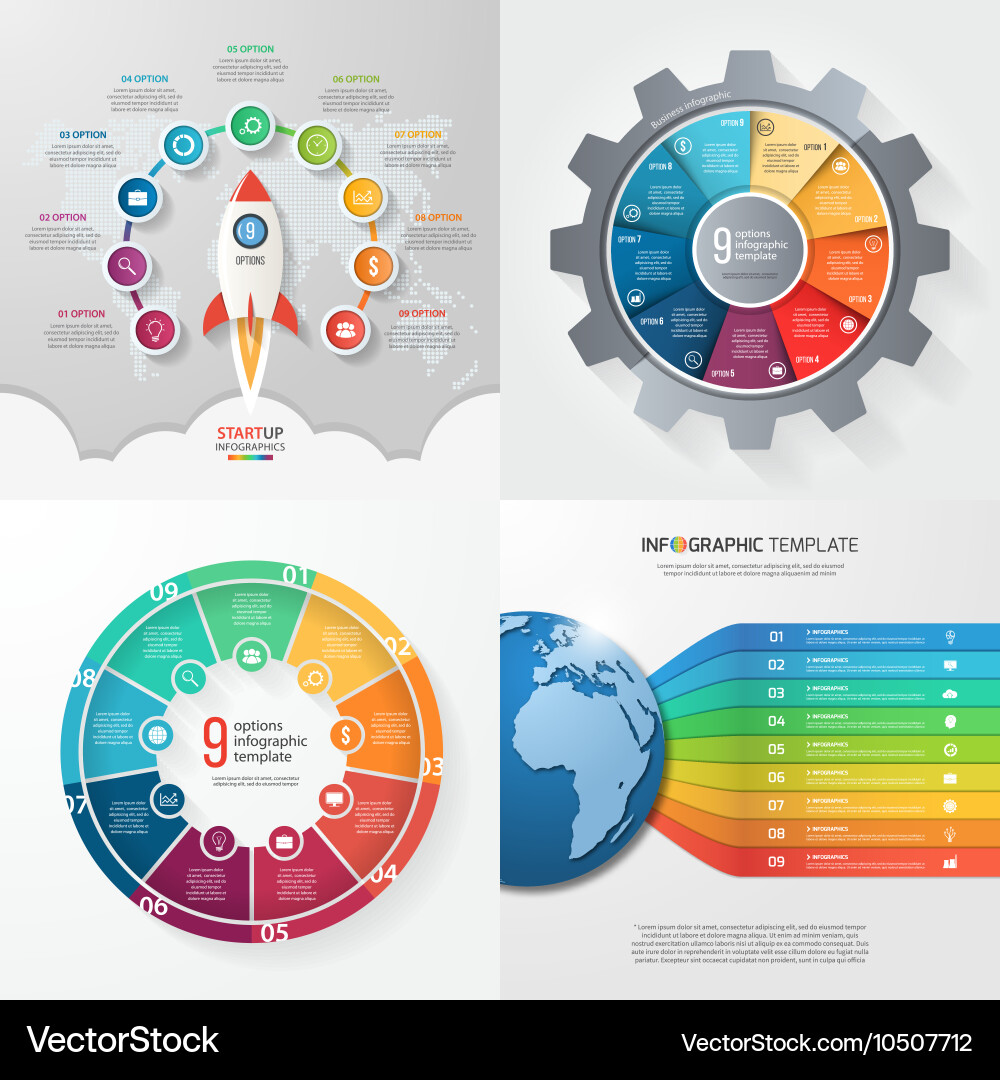 Set of 4 infographic templates with 9 processes Vector Image
