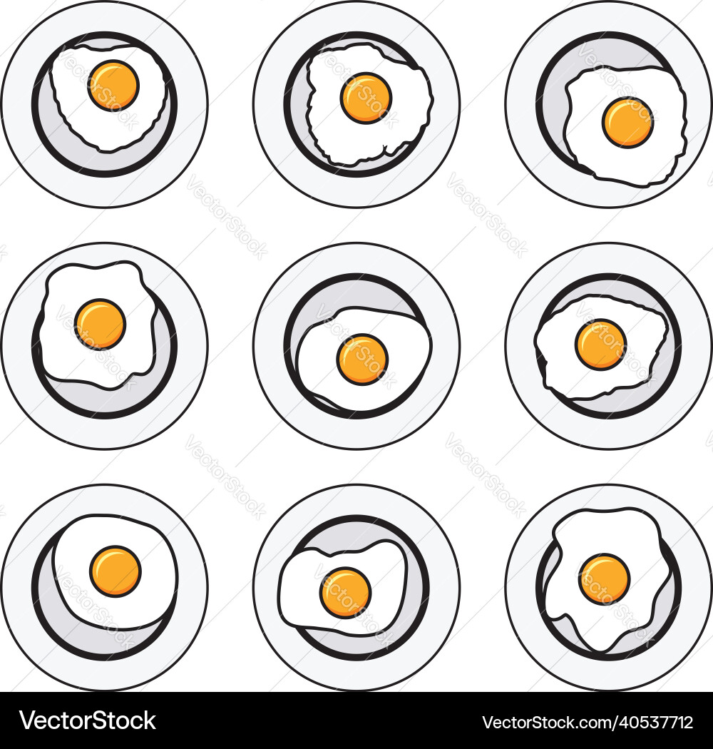 Set of delicious fried eggs on plates Royalty Free Vector