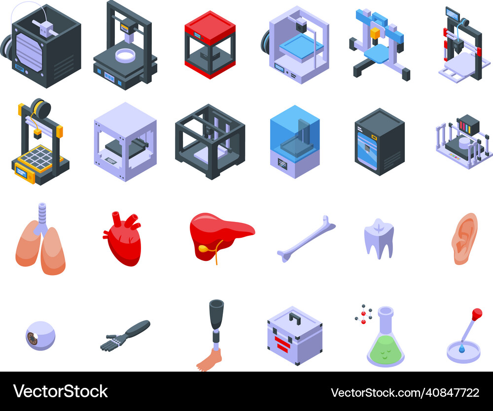 Bioprinting icons set isometric anatomy Royalty Free Vector