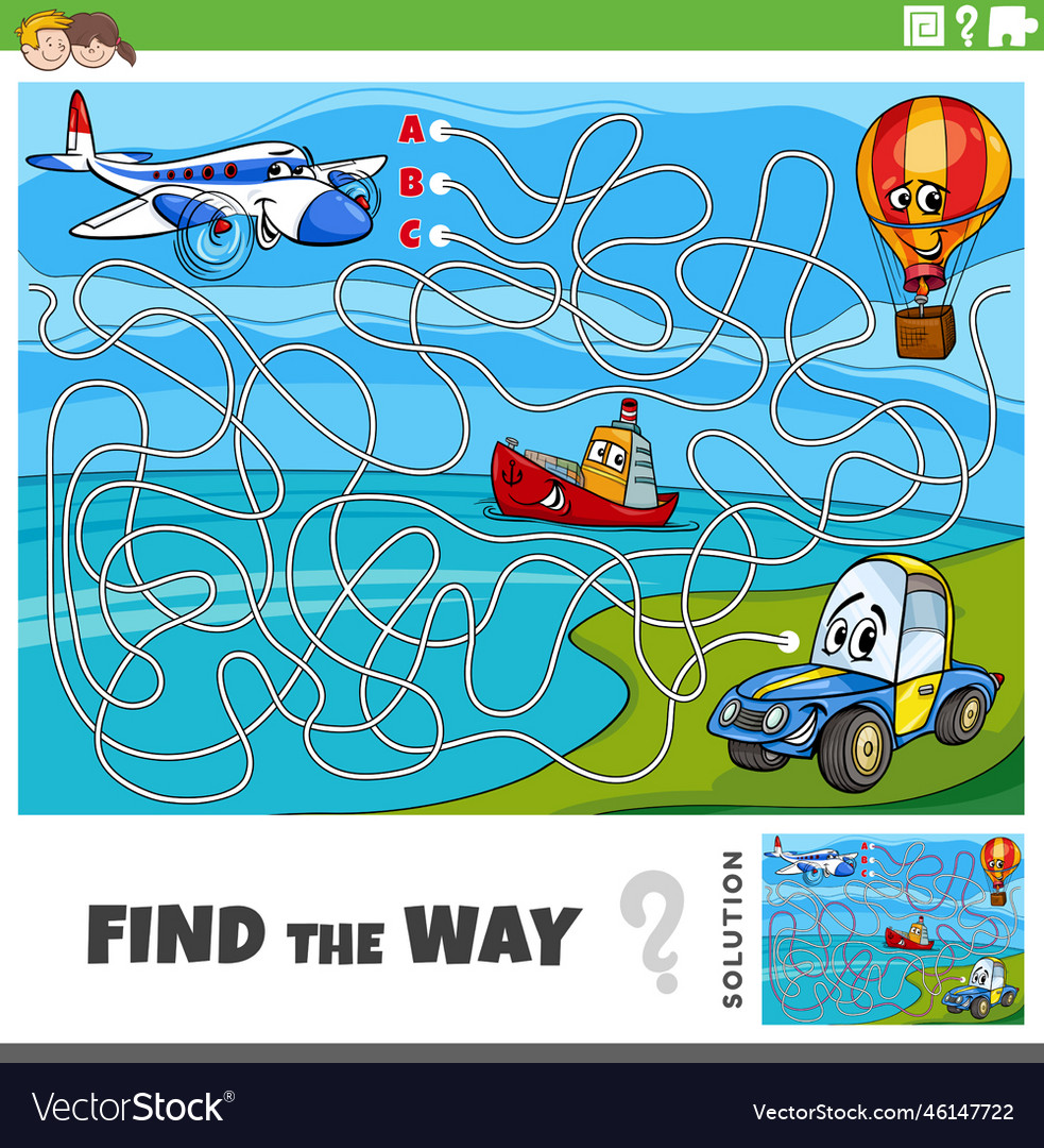 Find the way maze game with cartoon vehicles Vector Image