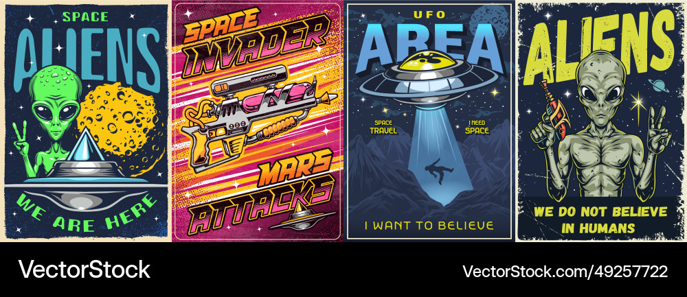 Space aliens set flyers colorful Royalty Free Vector Image