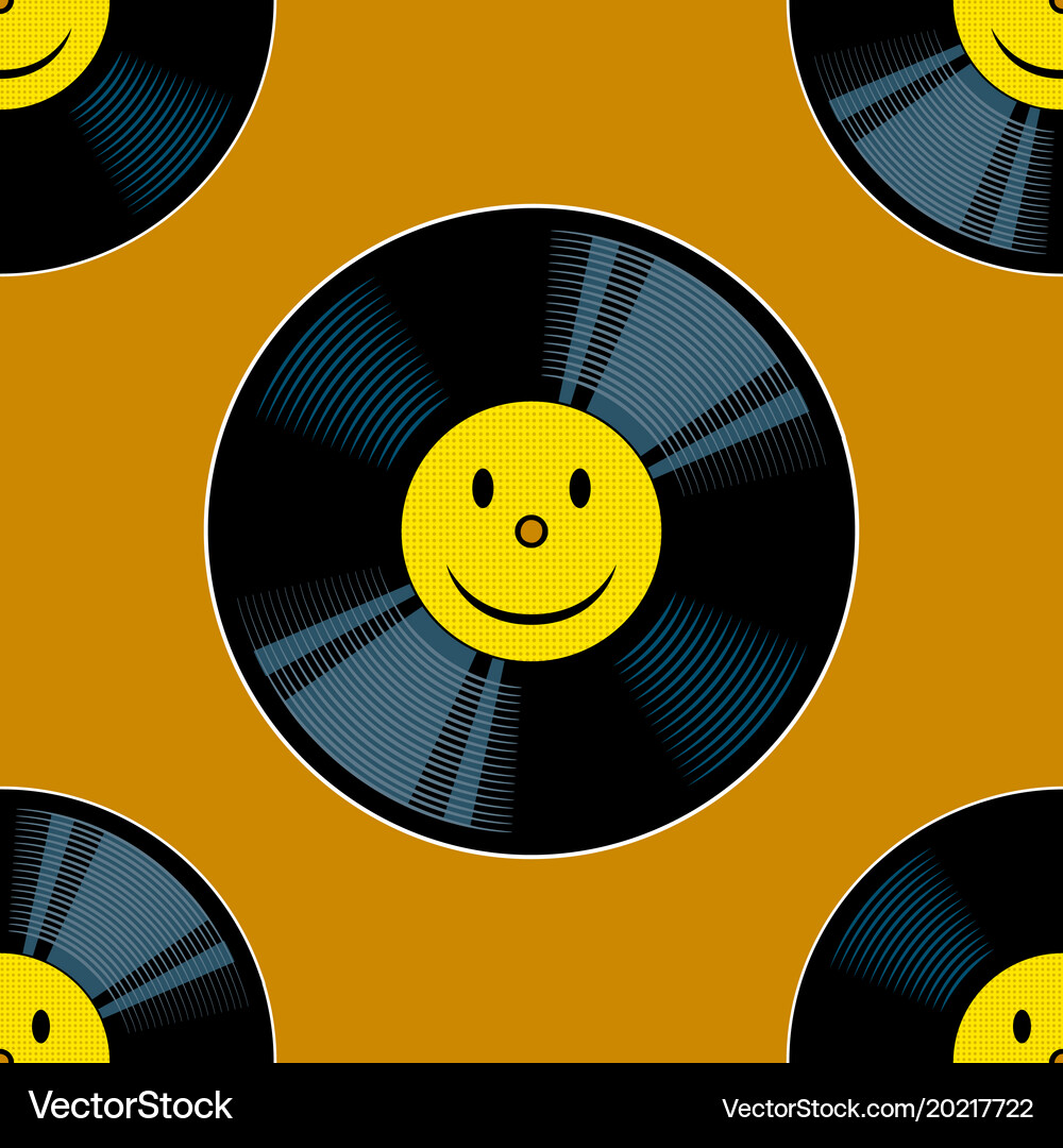 Vinyl record with yellow smile seamless Royalty Free Vector