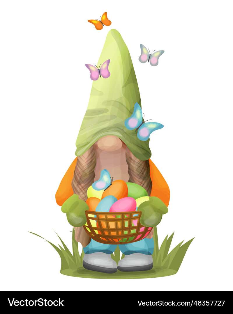 Spring gnome with a basket of easter eggs Vector Image