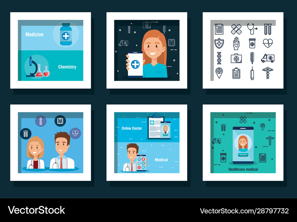 Bundle healthcare medical with doctors Royalty Free Vector