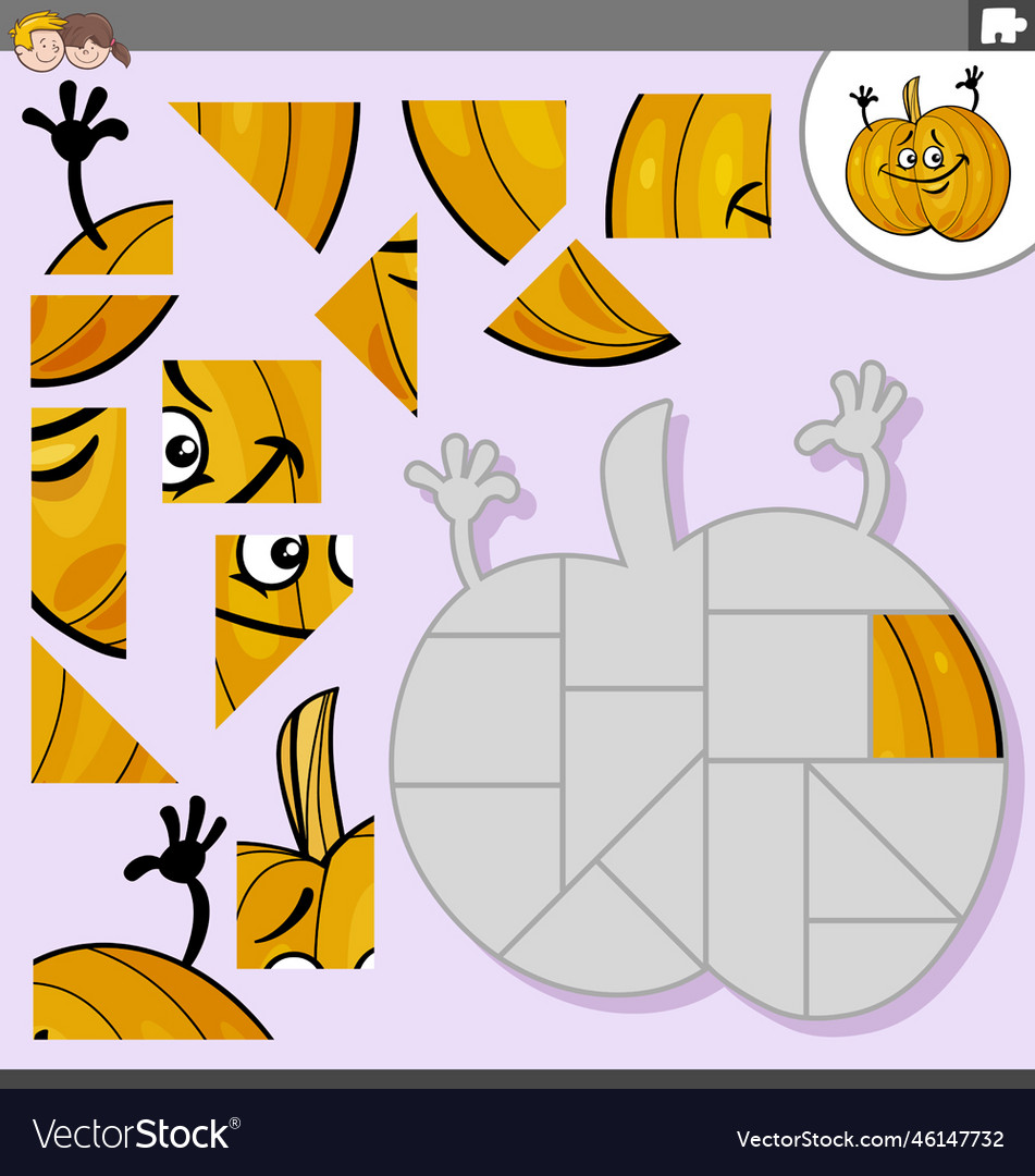 Jigsaw puzzle game with cartoon pumpkin character Vector Image