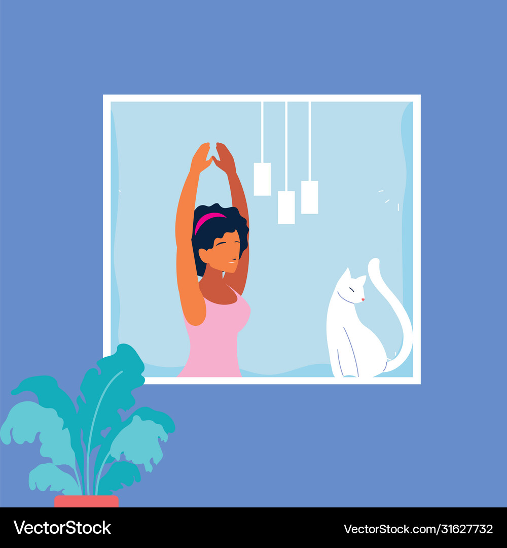 Woman at window doing dance exercises home Vector Image