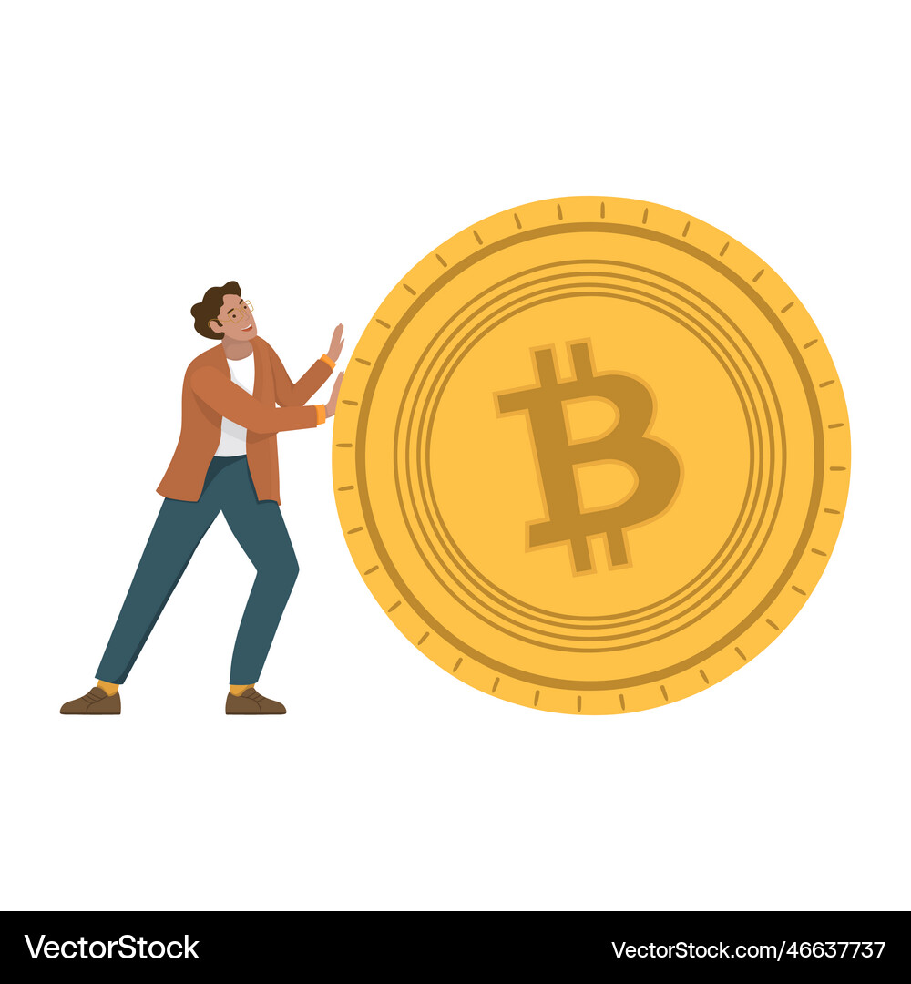 A man in suit pushes large bitcoin coin Royalty Free Vector