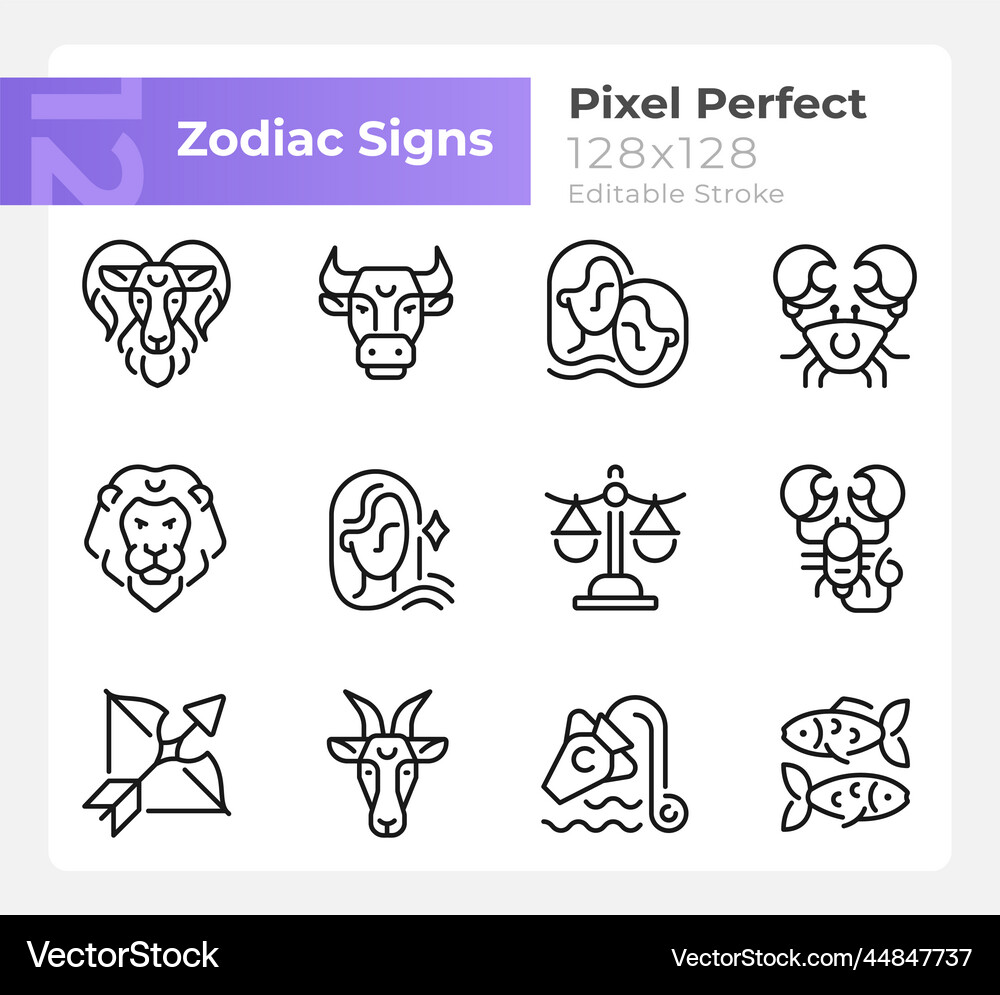 Astrological signs pixel perfect linear icons set Vector Image