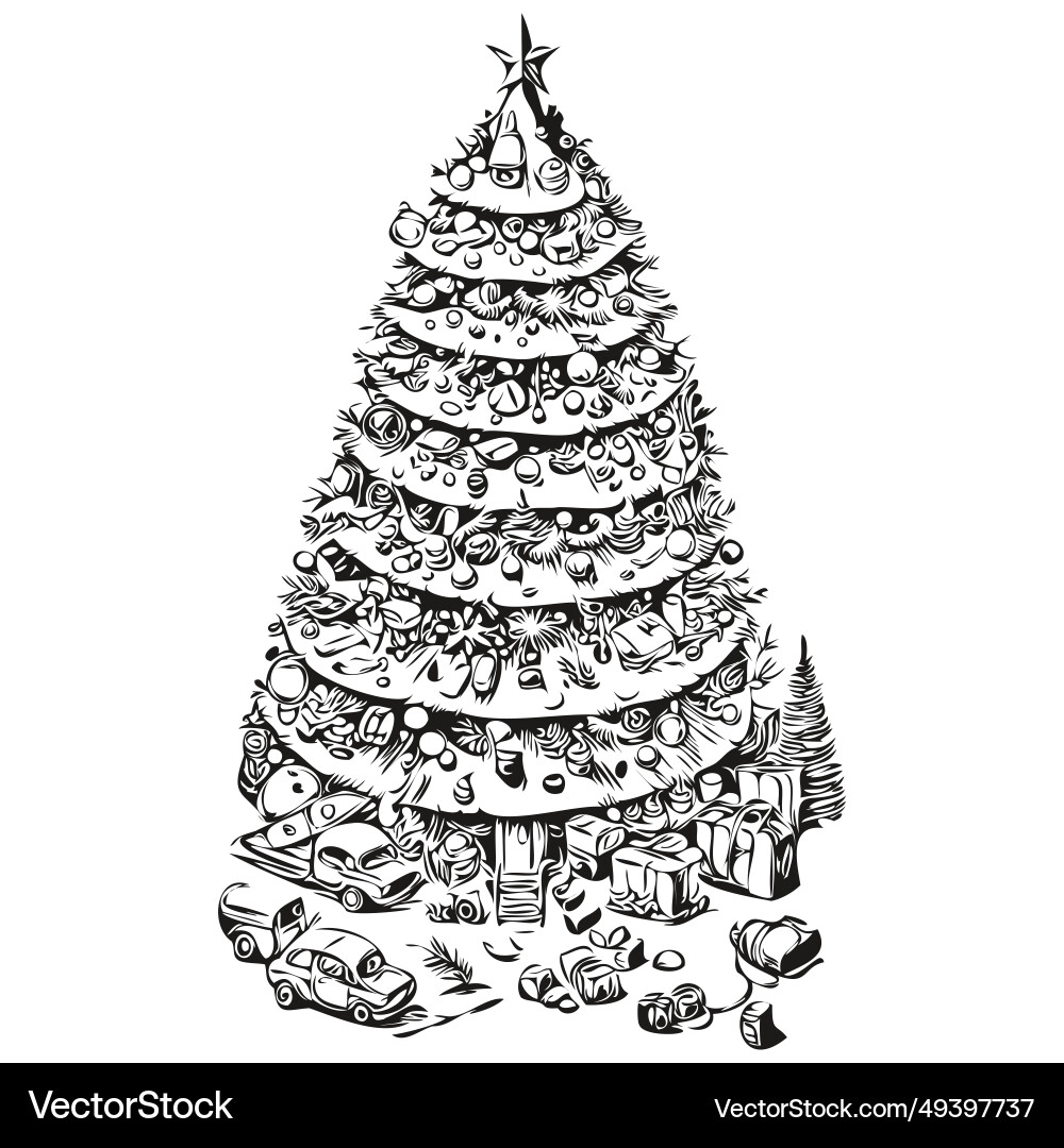 Christmas tree drawing in black and white hand Vector Image
