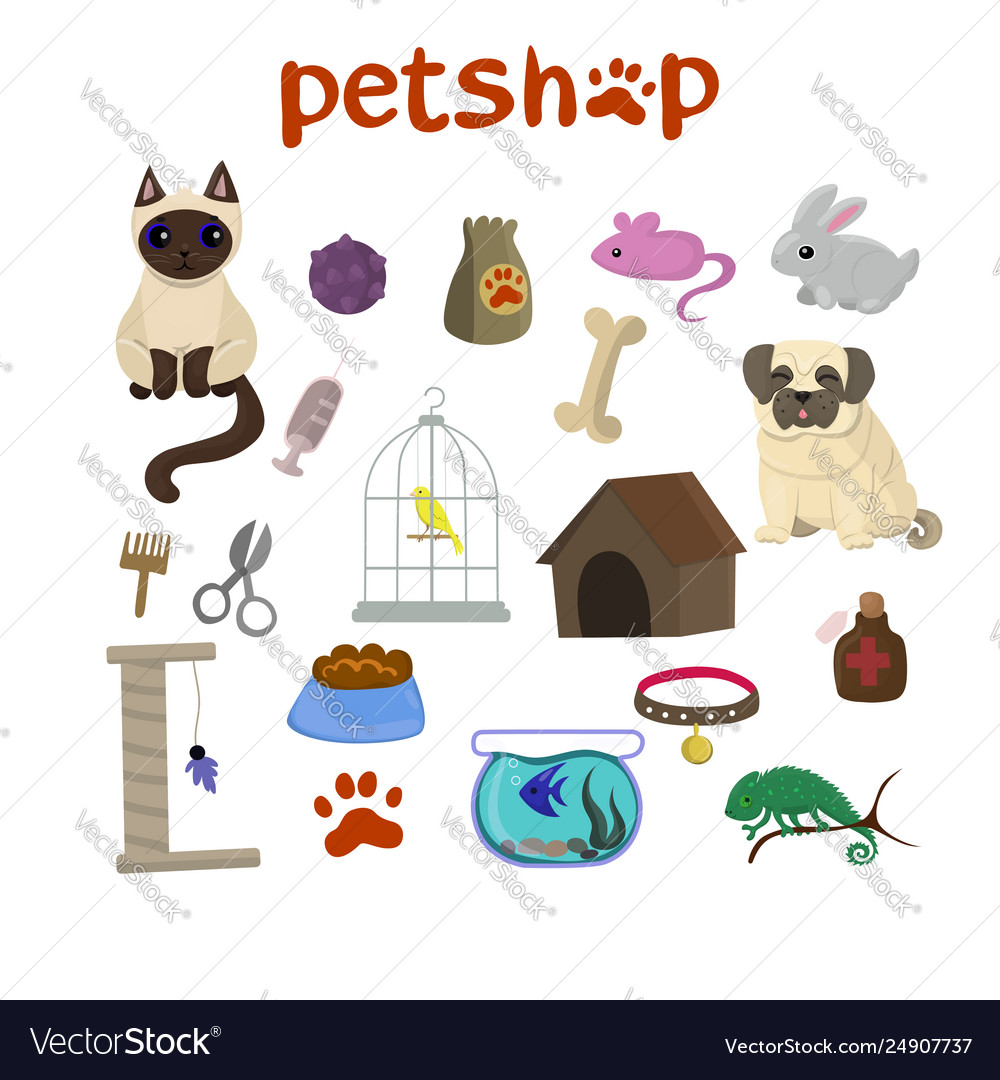 Pet shop decorative icons set with canary fish Vector Image