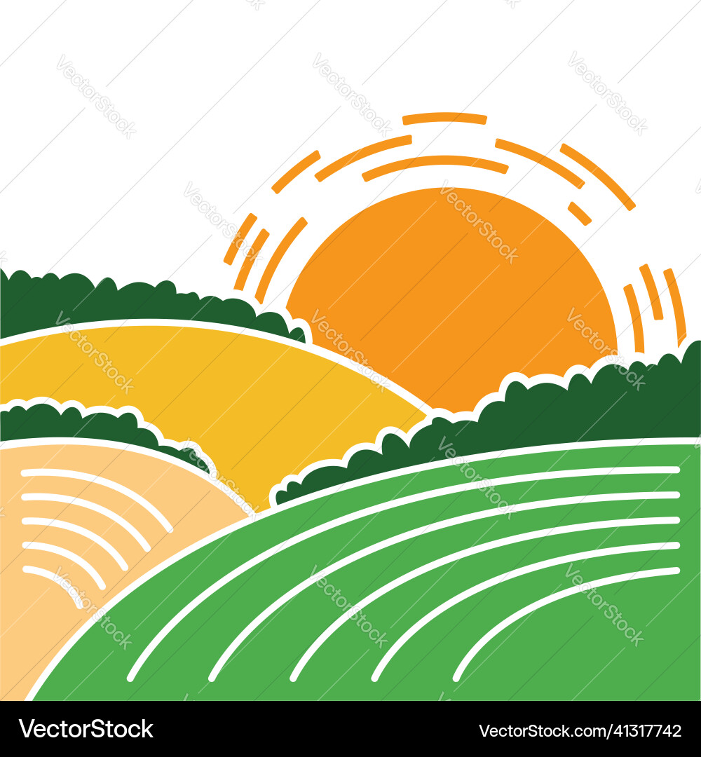Country landscape with fields and sun color flat Vector Image