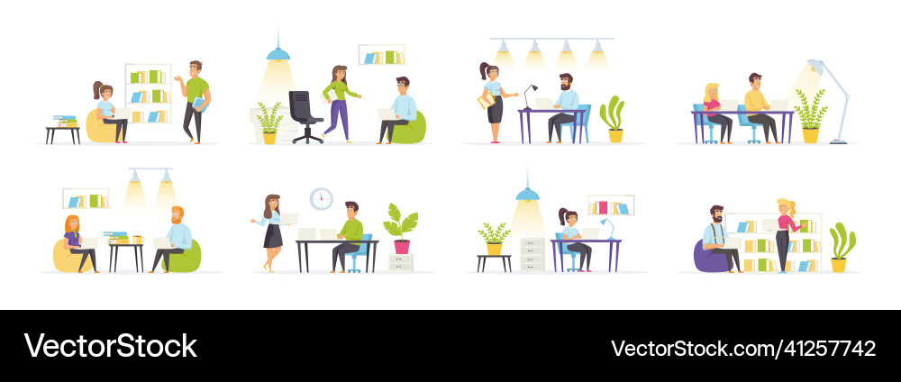 Coworking space set with people characters Vector Image