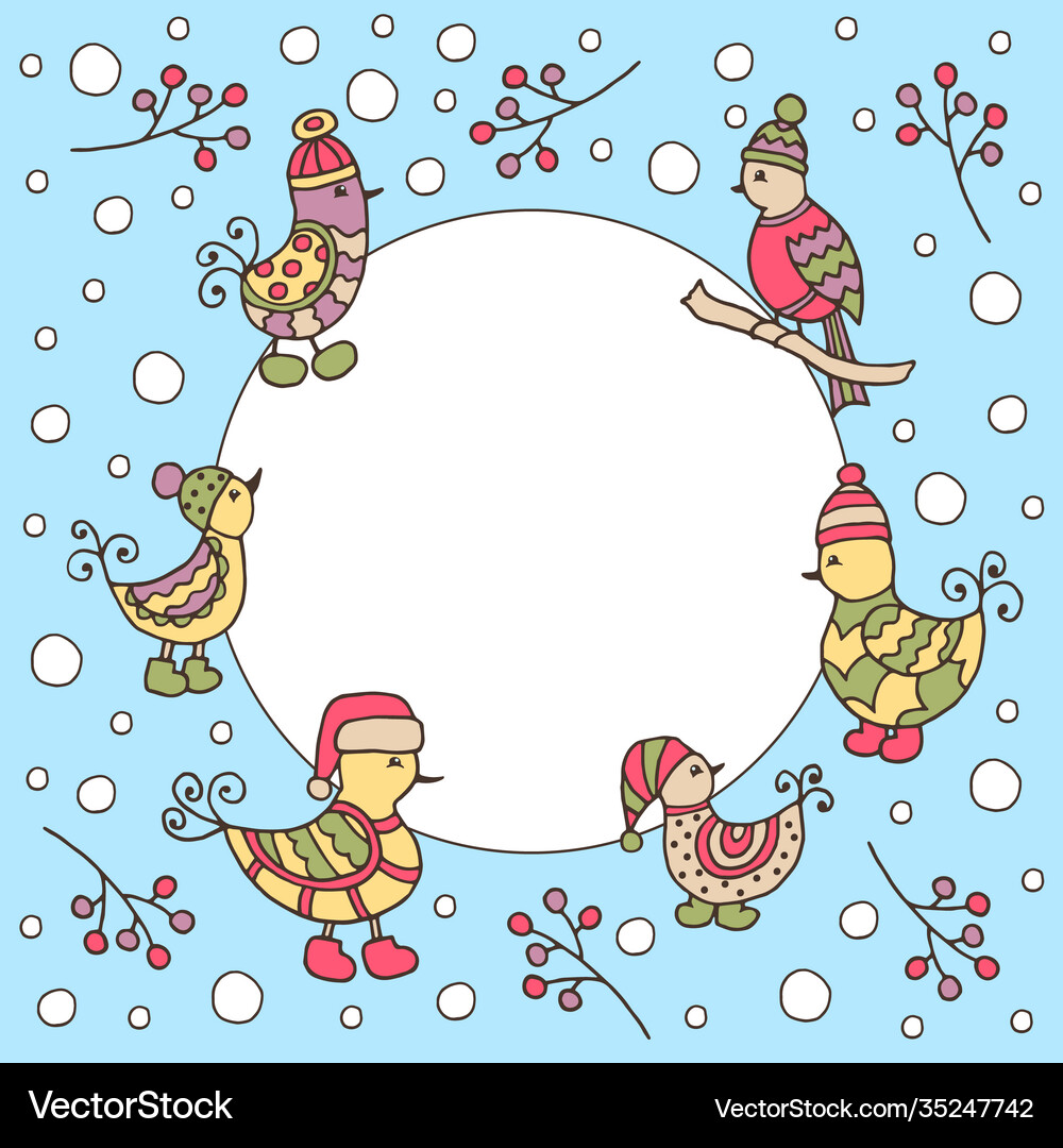 Frame with hand-drawn birds in winter hats Vector Image