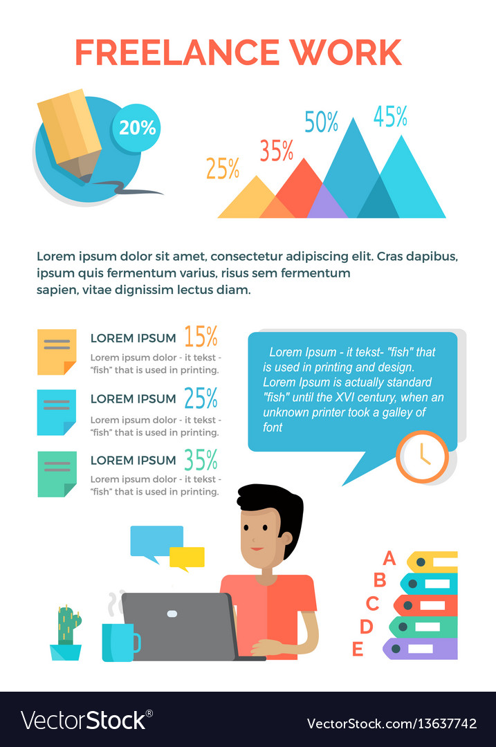 Freelance work charts above male person at laptop Vector Image