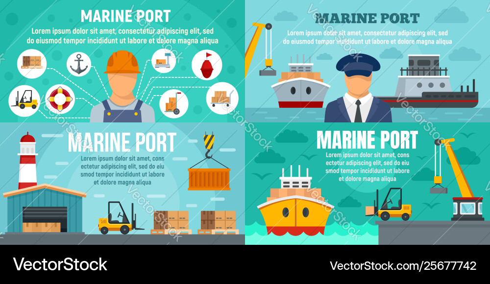 Marine port banner set flat style Royalty Free Vector Image